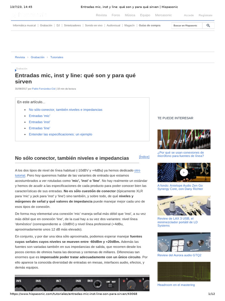 Entradas Mic, Inst y Line - Qué Son y para Qué Sirven - Hispasonic | PDF