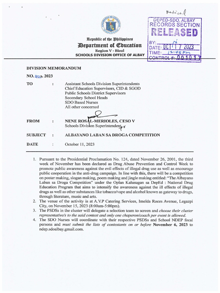 DM 212 S. 2023 Albayano Laban Sa Droga Competition | PDF