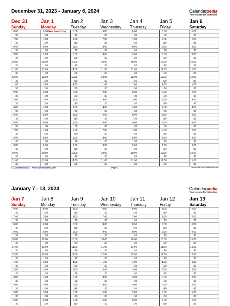 Weekly Calendar 2024 Landscape 30 Minute Steps | PDF