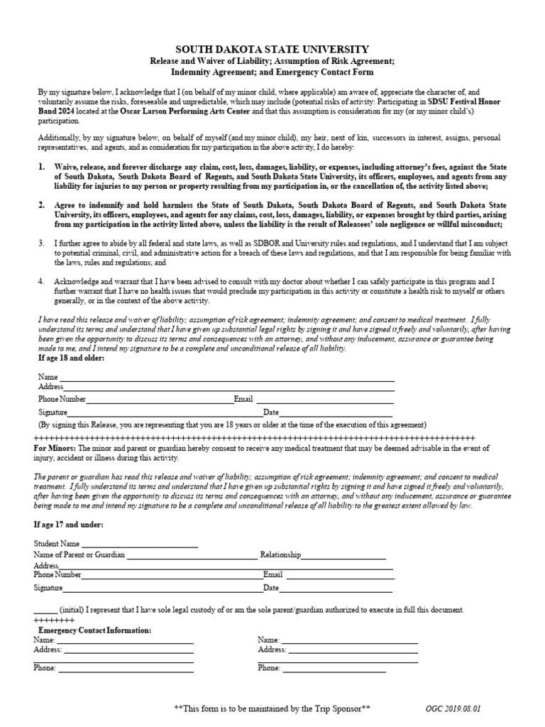 SDSU Honor Band 2024 Waiver Forms | PDF