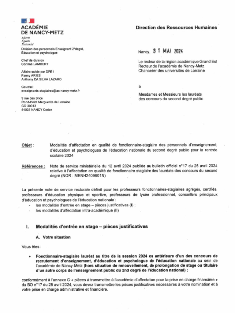 Note de Service - Affectation en Qualit de Fonctionnaire Stagiaire - Rentr e 2024 25685 | PDF
