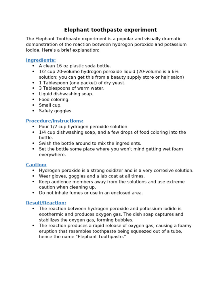 Elephant toothpaste experiment | PDF