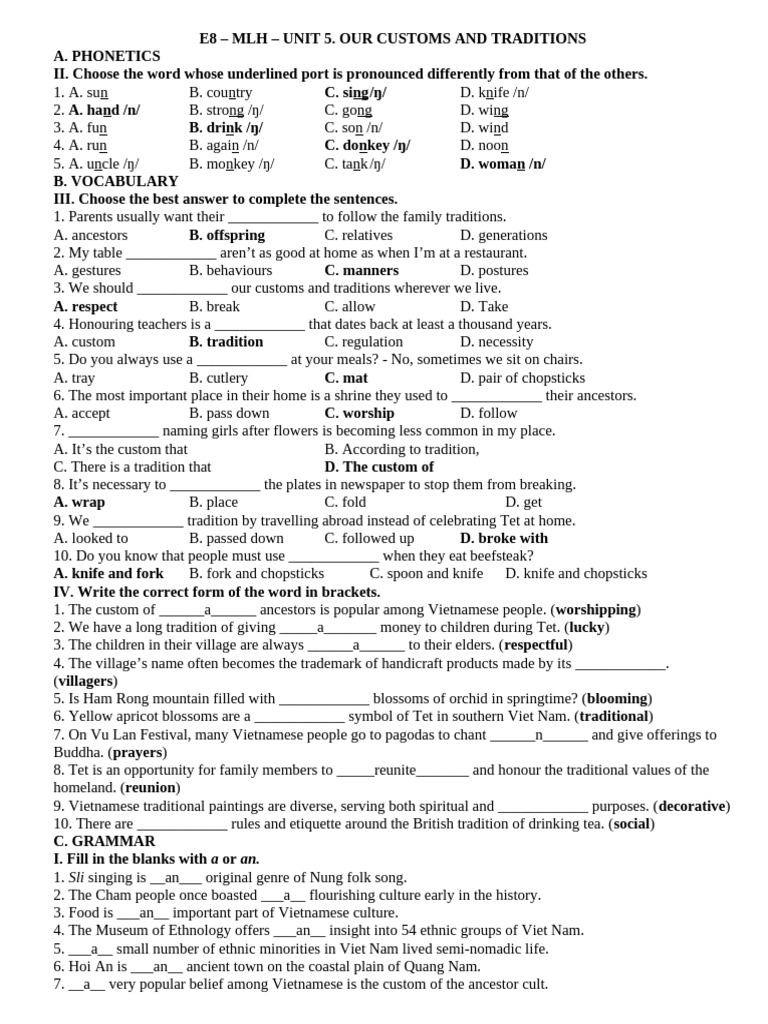 E8-UNIT 5. OUR CUSTOMS AND TRADITIONS | PDF