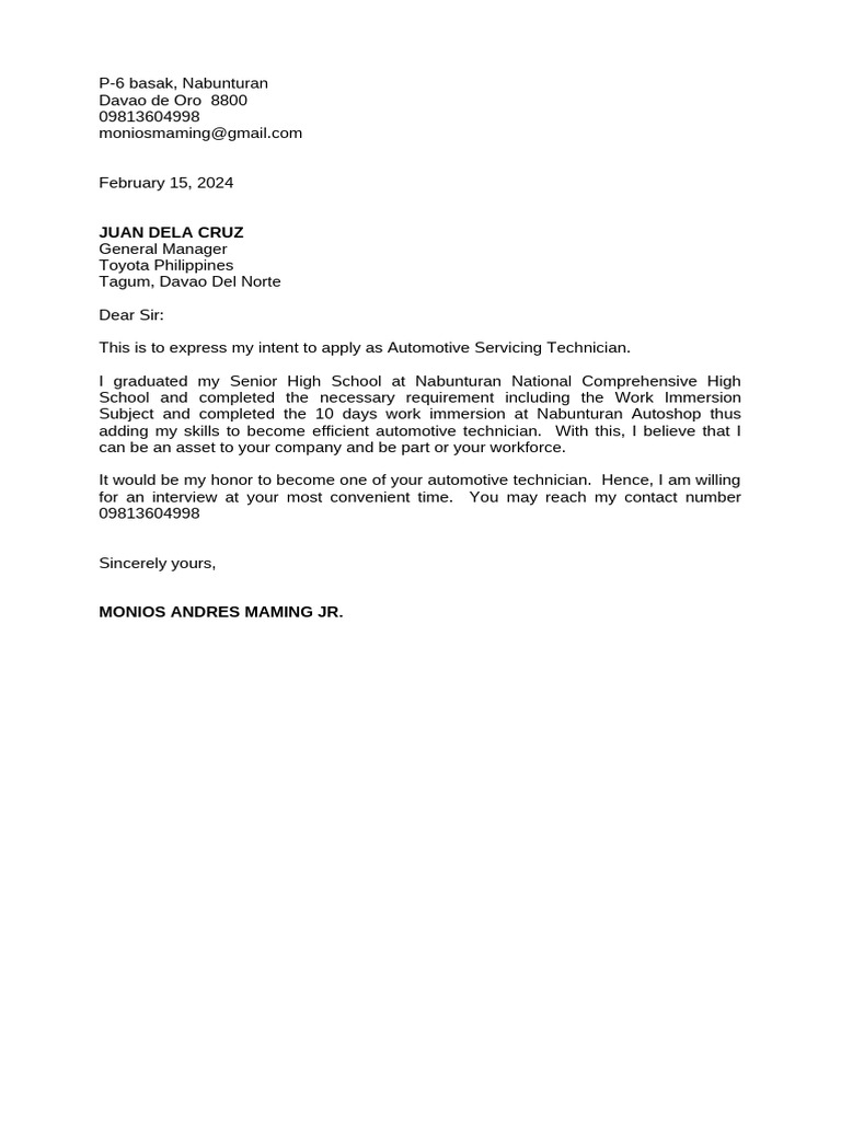 Sample Application Letter For Automotive | PDF