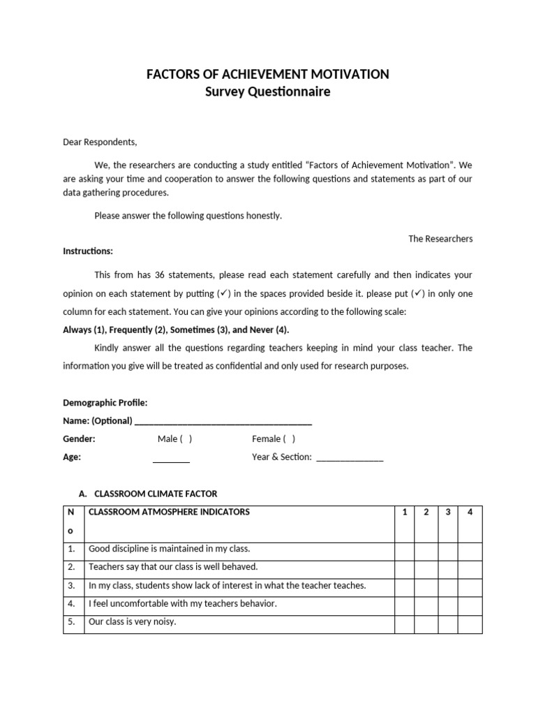 Sample Questionnaire - Classroom Climate Scale | PDF | Survey ...