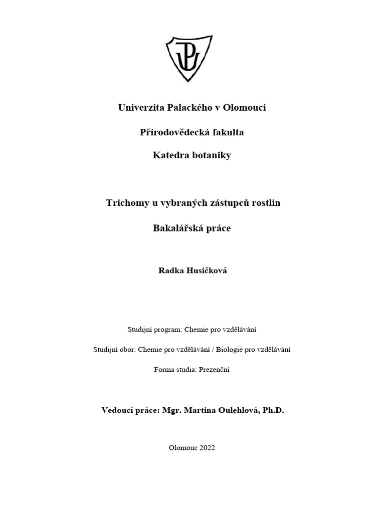 Trichomy U Vybranych Zastupcu Rostlin - Husickova | PDF