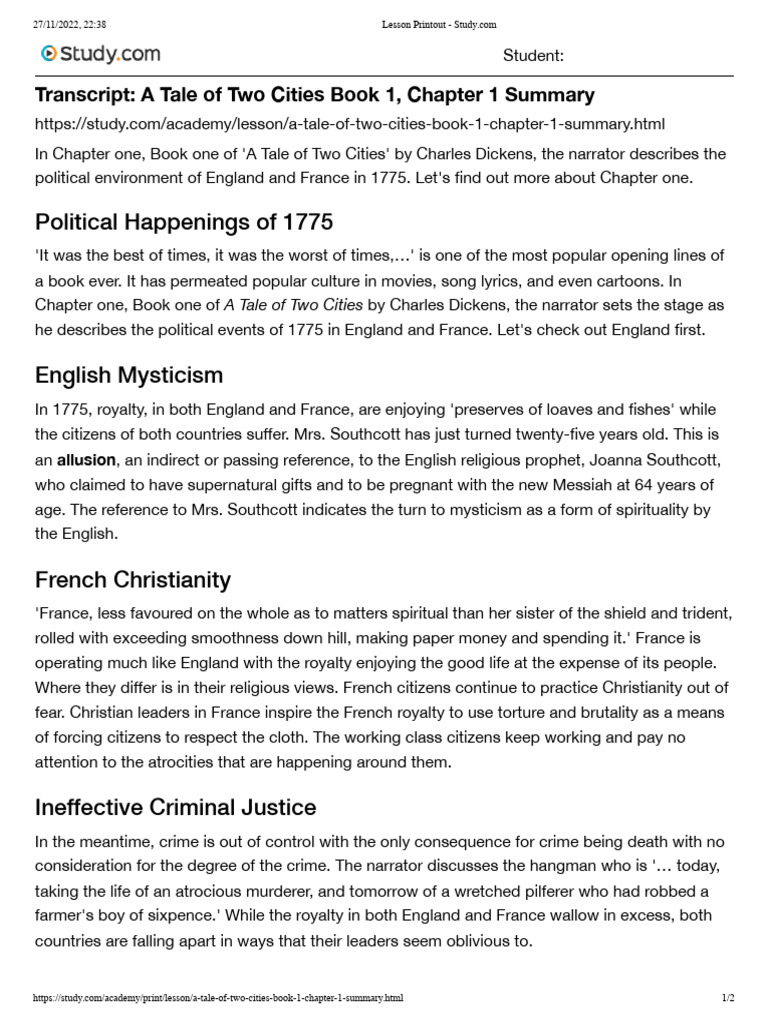 A Tale of Two Cities Book 1, Chapter 1 Summary | PDF