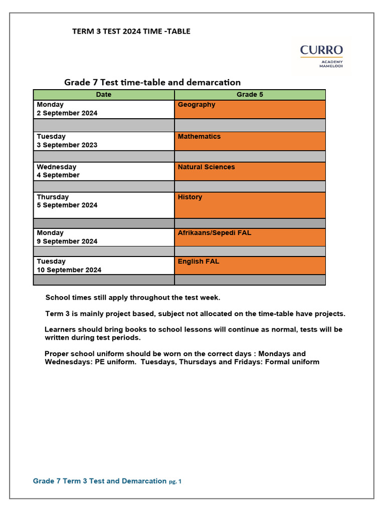 Grade 7 TERM 3 2024 Test Time Table and Demarcation | PDF