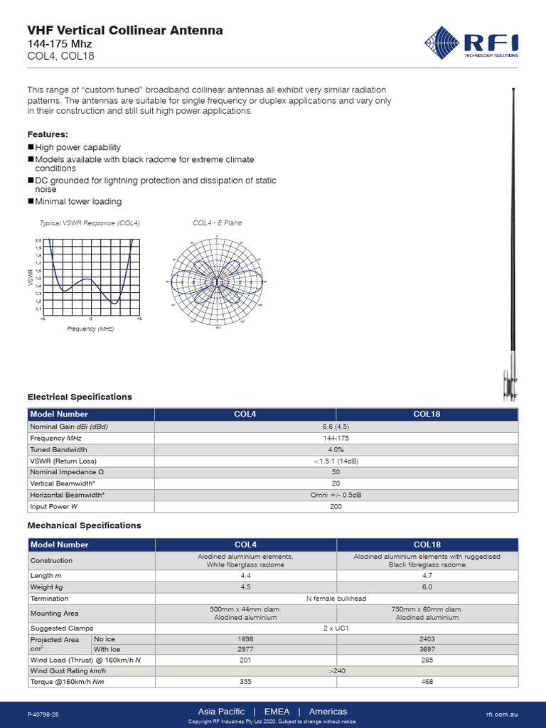 COL18 VHF Vertical Collinear Antenna Datasheet | PDF