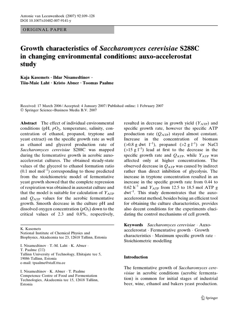 Growth Characteristics of Saccharomyces Cerevisiae S288C in Changing ...