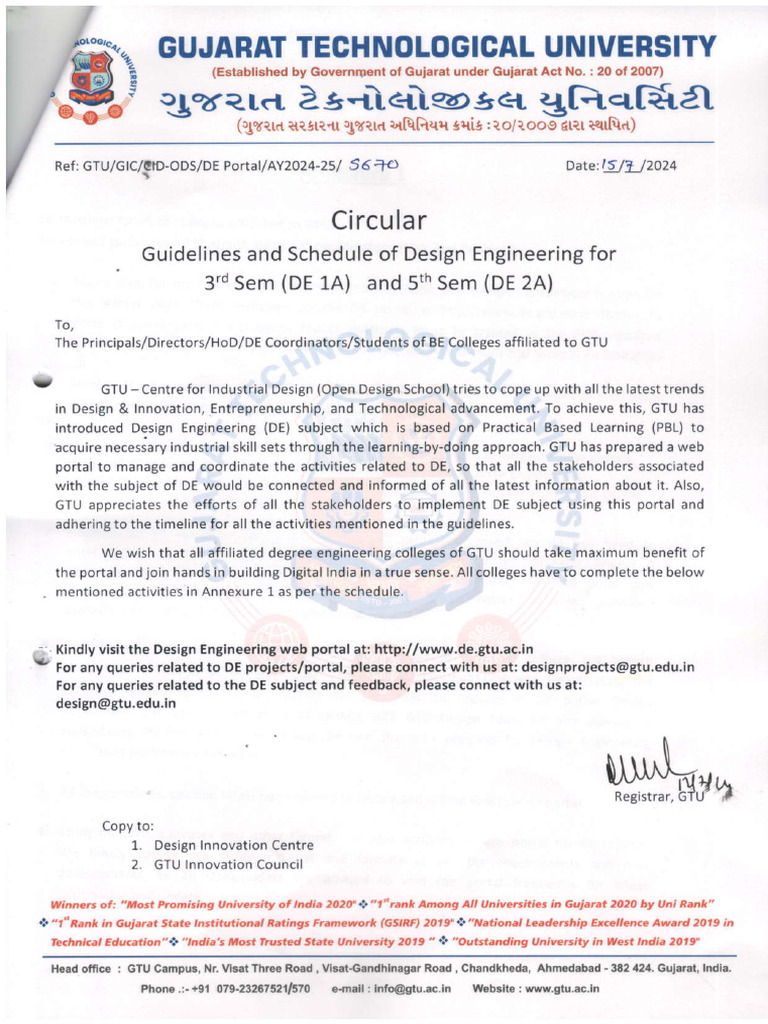 Circular - Guidelines and Schedule of Design Engineering For 3rd Sem (DE 1A) and 5th Sem (DE 2A ...