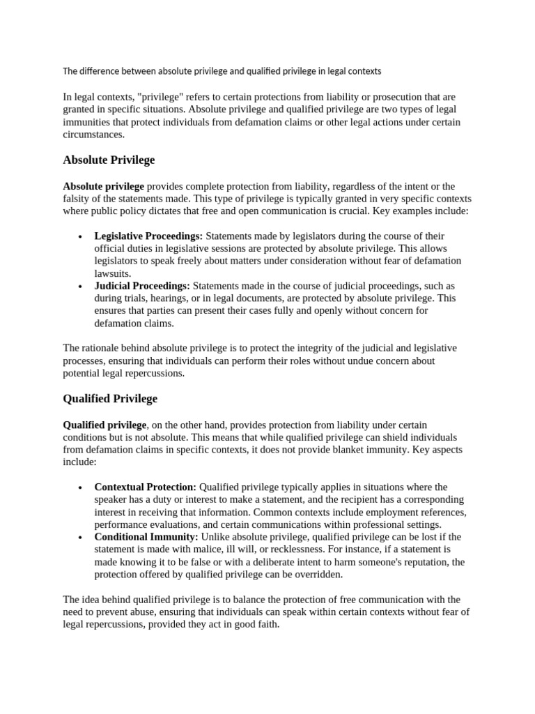 The Difference Between Absolute Privilege and Qualified Privilege in ...