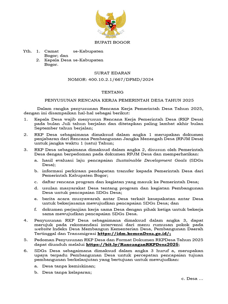 Surat Edaran Bupati Tentang Penyusunan RKPDesa 2025 | PDF