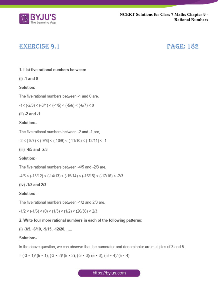 NCERT Solutions For Class 7 Maths 8may Chapter 9 Rational Numbers Exercise 9.1 | PDF | Abstract ...