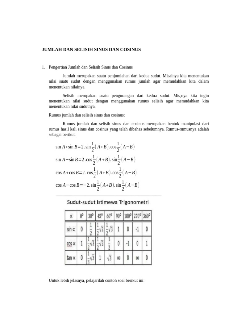 Rumus Jumlah dan Selisih Sinus-Cosinus | PDF