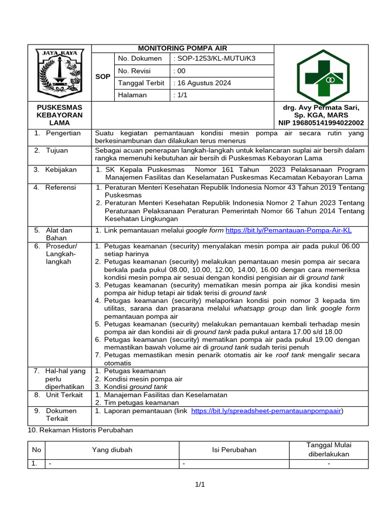 Sop Pemantauan Pompa Air 2024 | PDF