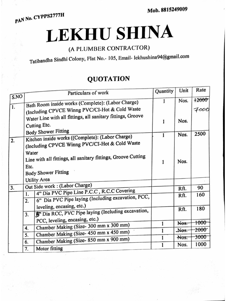Plumbing Cost Rate Quotation Sample | PDF