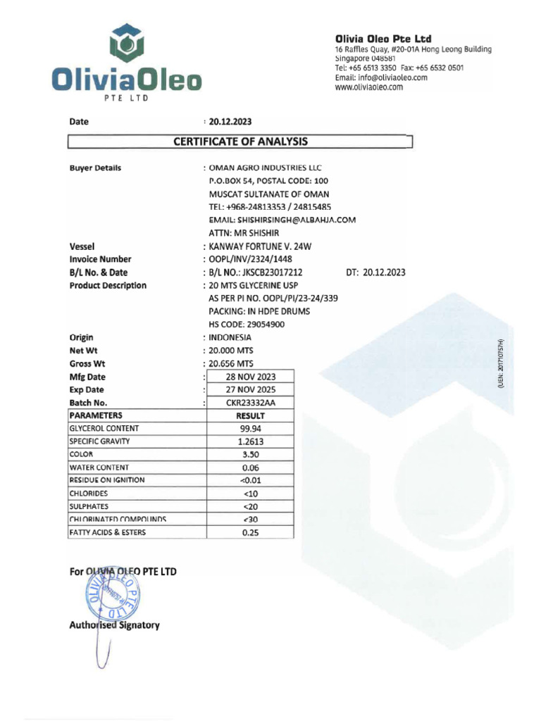COA - Glycerine | PDF