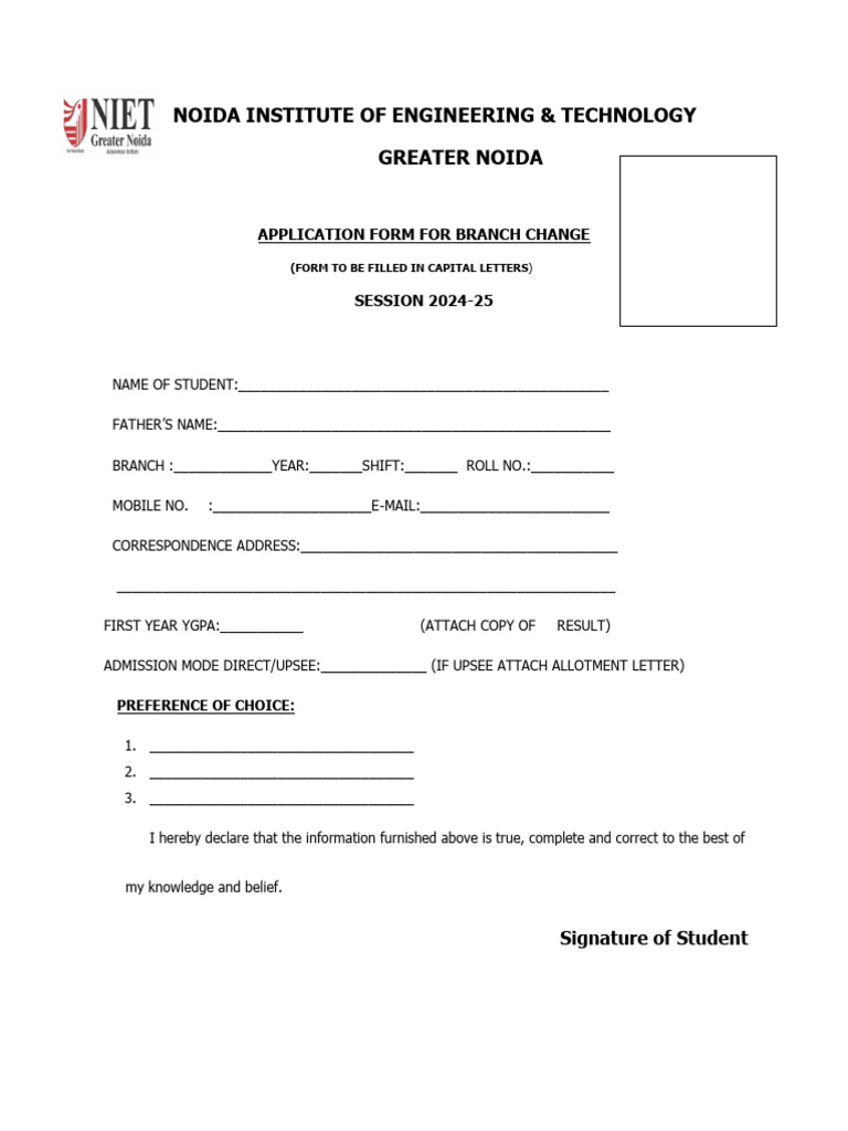 Application Form Branch Change 2024-25 | PDF