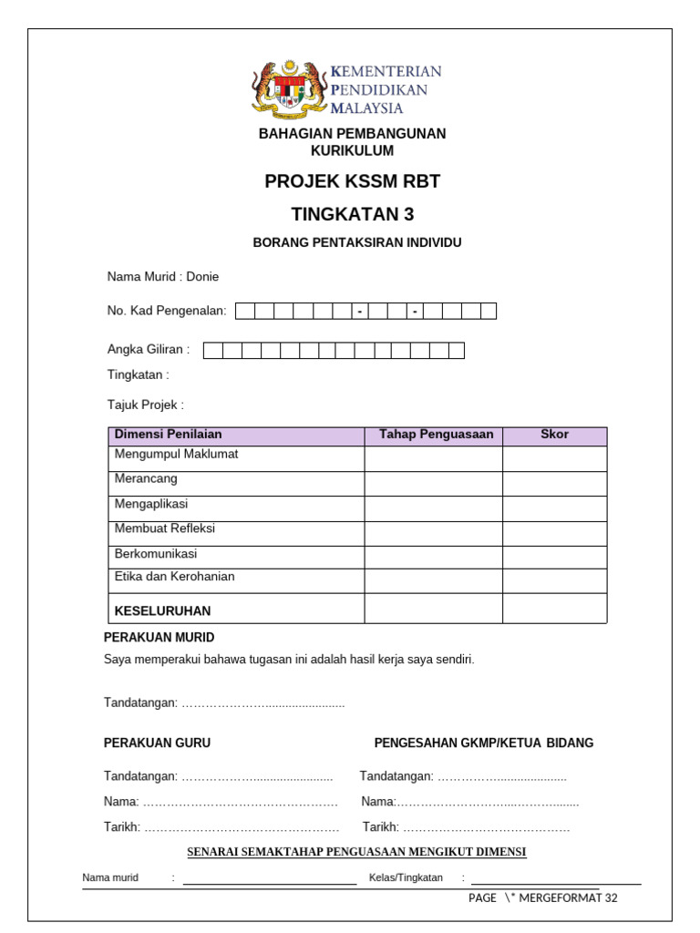 3D - DONIE - Pendokumentasian RBT Tingkatan 3 2021 | PDF