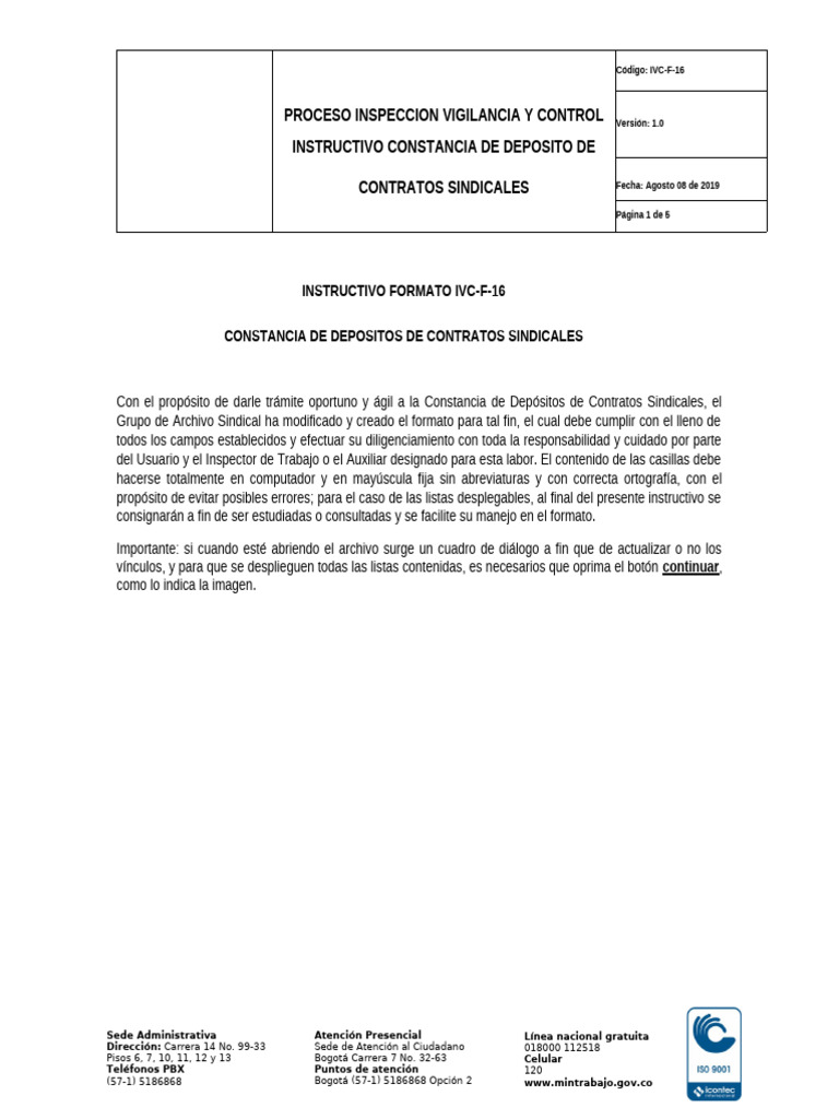 Instructivo Formato Ivc-F-16 Constancia de Deposito de Contratos Sindicales | PDF