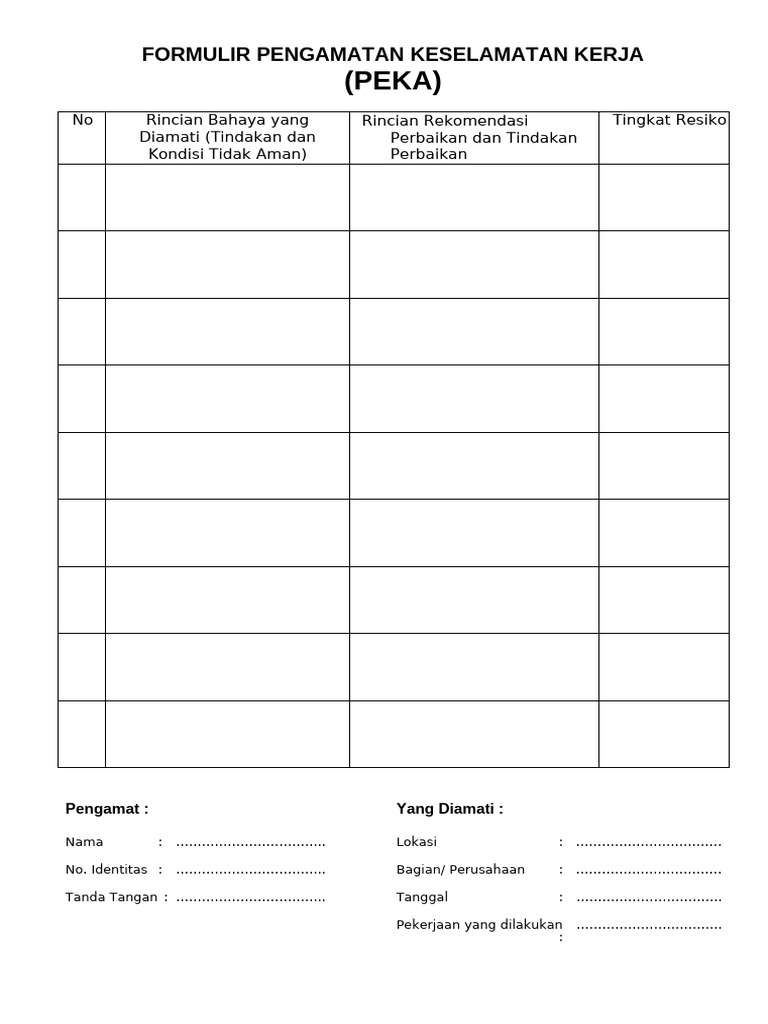 Formulir Pengamatan Keselamatan Kerja PEKA | PDF