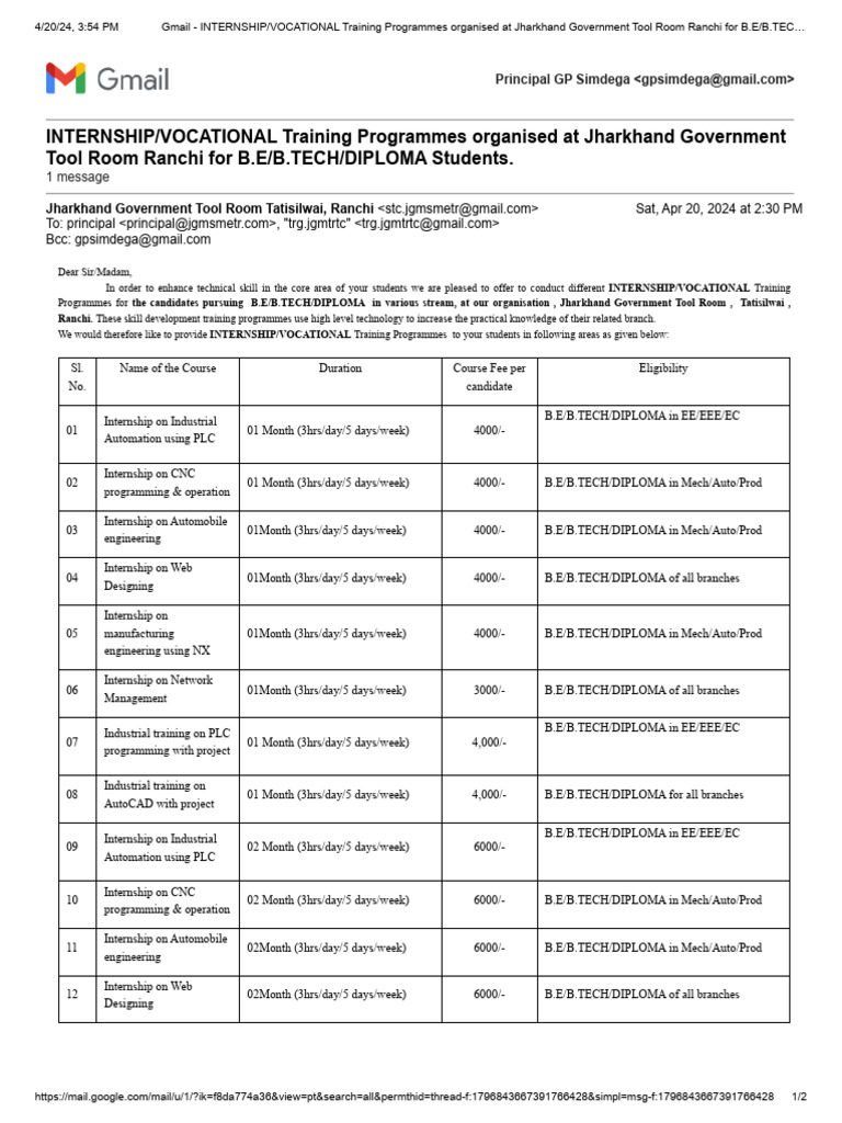 INTERNSHIP - VOCATIONAL Training - Tool Room Ranchi For B.E - B.TECH ...