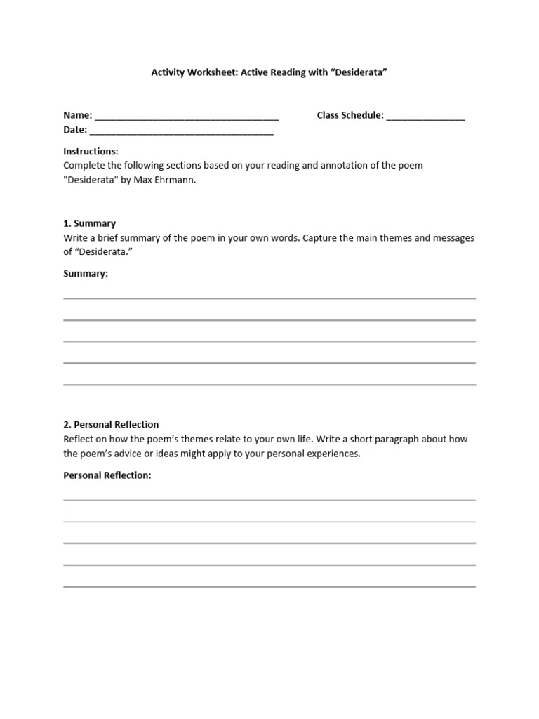 Acitivity Worksheet. Desiderata | PDF