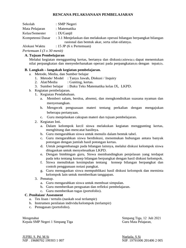 RPP 1 Lembar MAT | PDF