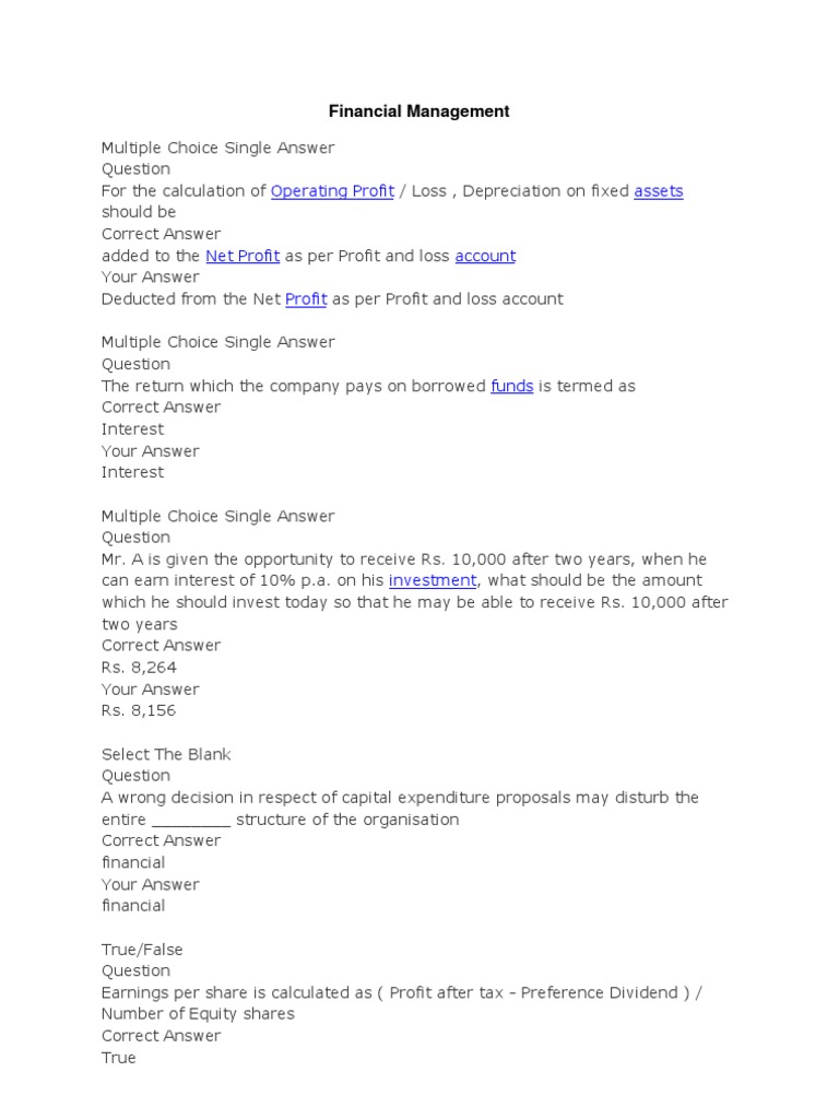 Financial Management Quiz Questions | PDF | Dividend | Equity (Finance)