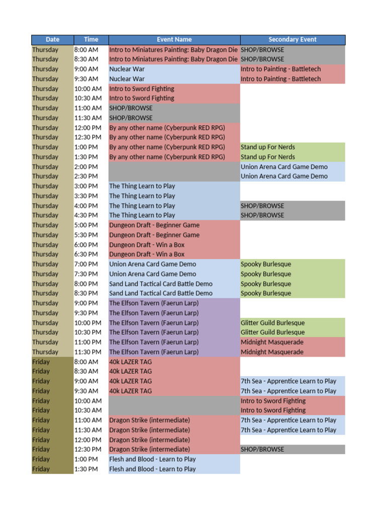 GenCon - Schedule - Template - v3 (Version 1) | PDF