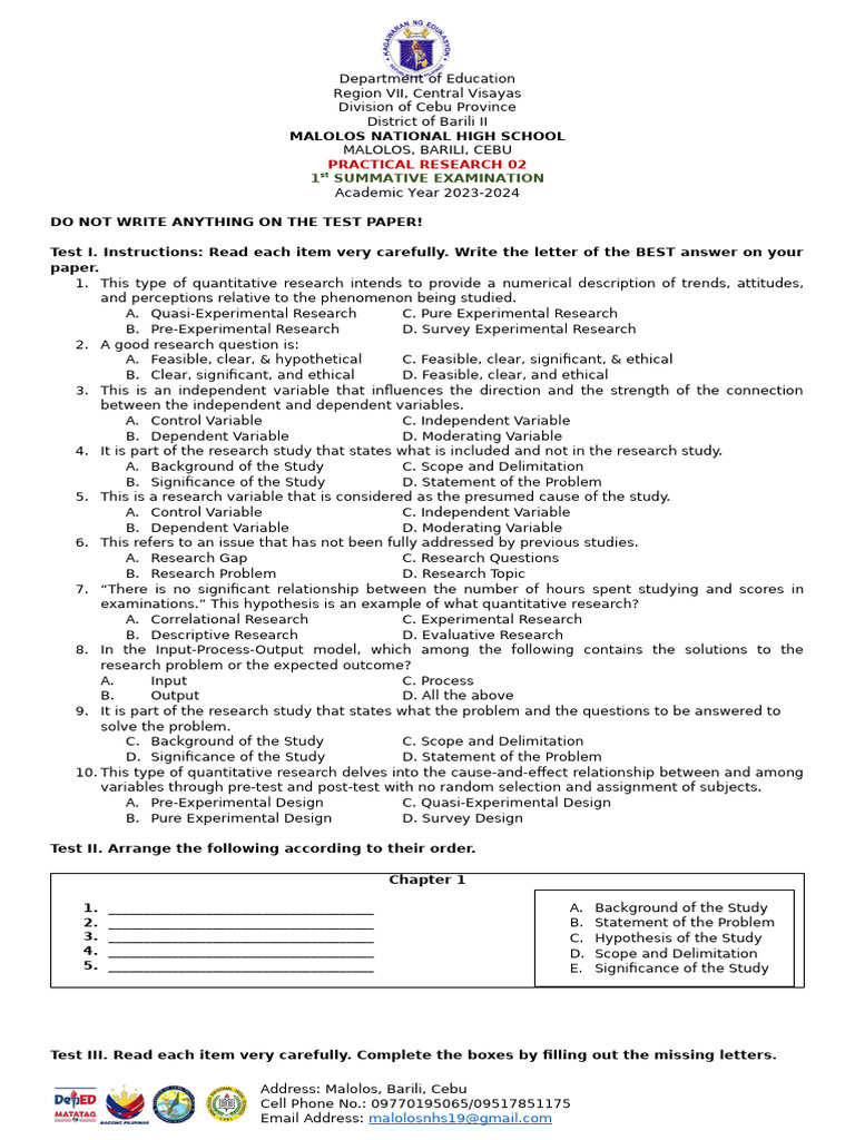 1st Quarter Summative Exam Prac Res 2 | PDF