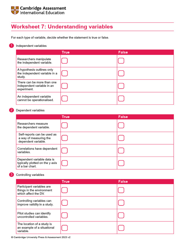 AO1 Worksheet 7 Understanding Variables | PDF