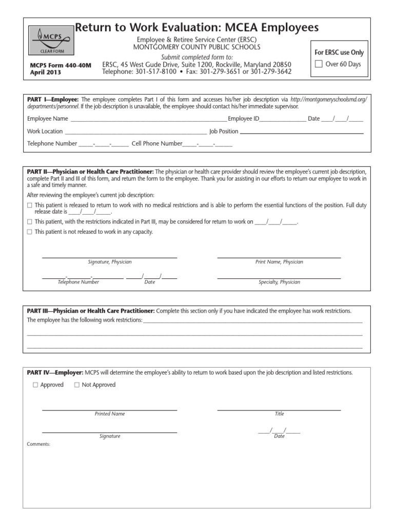 Return To Work Evaluation: MCEA Employees: Submit Completed Form To | PDF