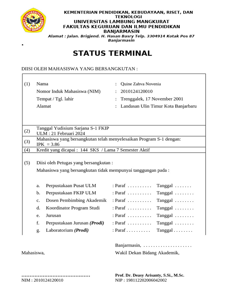 Contoh Lembar Terminal (Prodi Pend. Seni Pertunjukan) | PDF