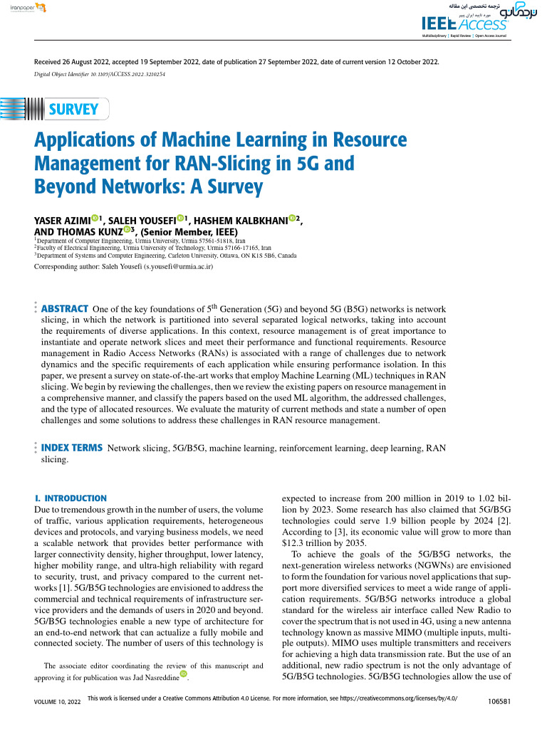 Applications Of Machine Learning In Resource Management For Ran Slicing