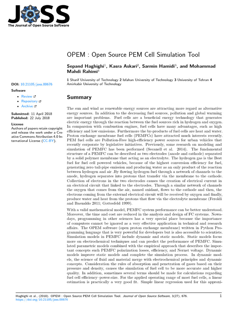 OPEM Open Source PEM Cell Simulation Tool | PDF