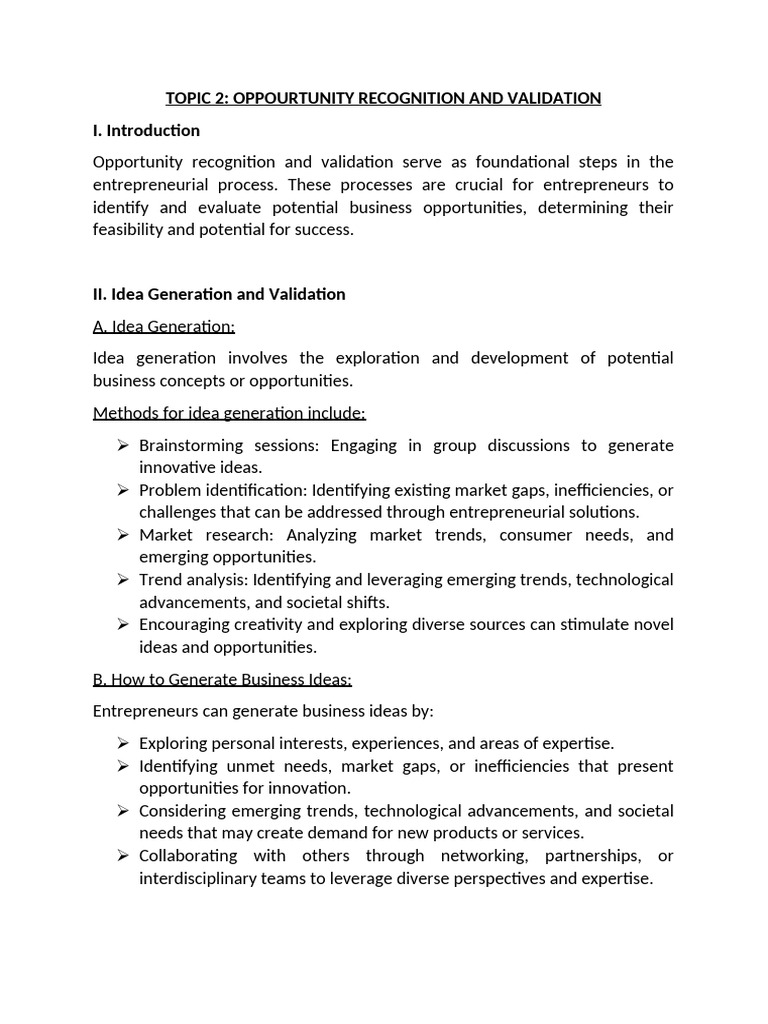 Topic 2 - Oppourtunity Recognition and Validation - Summary | PDF
