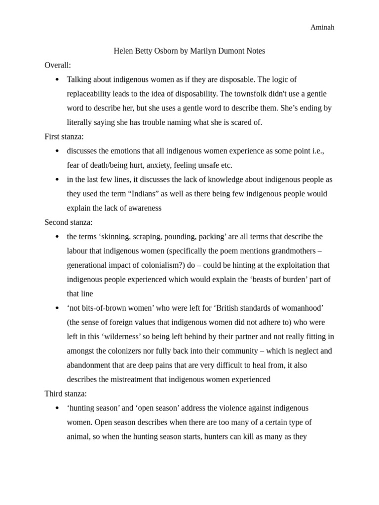 Helen Betty Osborn by Marilyn Dumont Notes | PDF