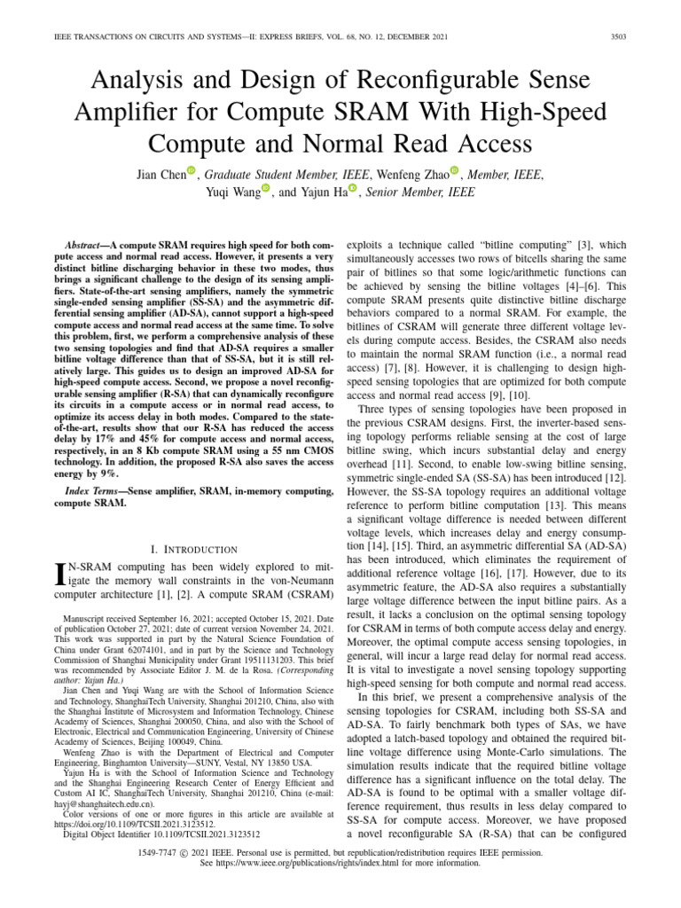 Analysis and Design of Reconfigurable Sense Amplifier For Compute SRAM ...