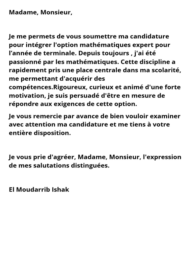Voici une lettre de motivation pour l'option mathématiques expert en ...