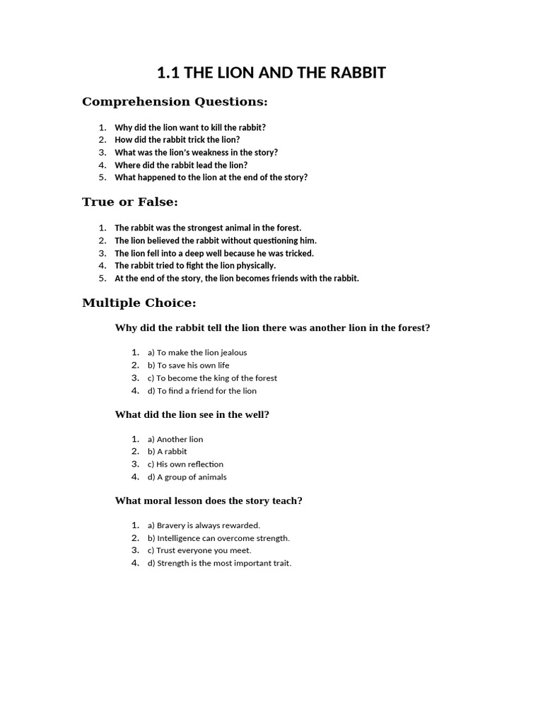 1.1 The Lion and The Rabbit: Comprehension Questions | PDF