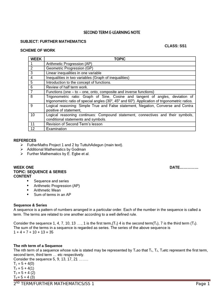 Second Term Ss1 Further Mathematics Pdf Trigonometric Functions Quadratic Equation