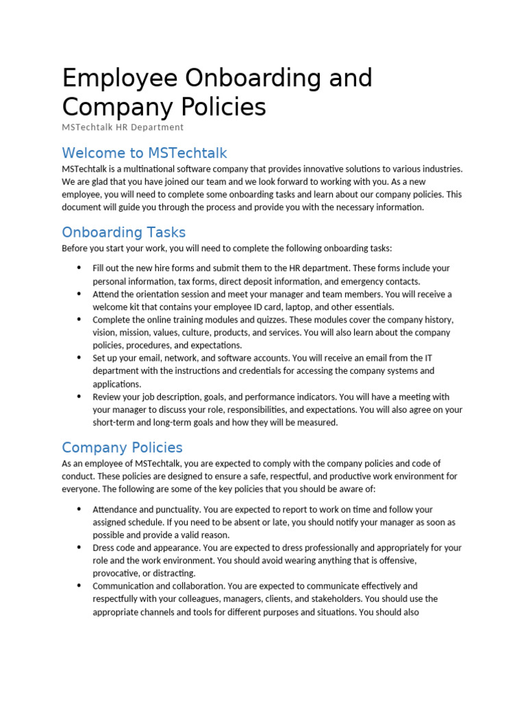 Employee Onboarding and Company Policies | PDF