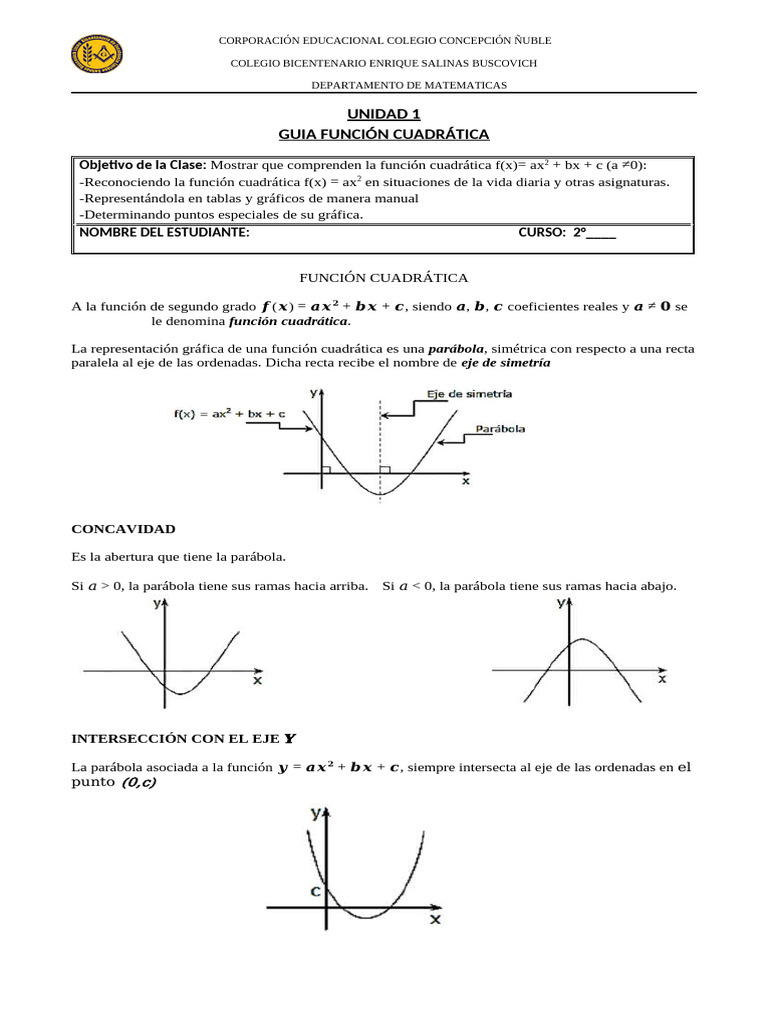 Guia 2 de Aprendizaje Funcion Cuadratica | PDF