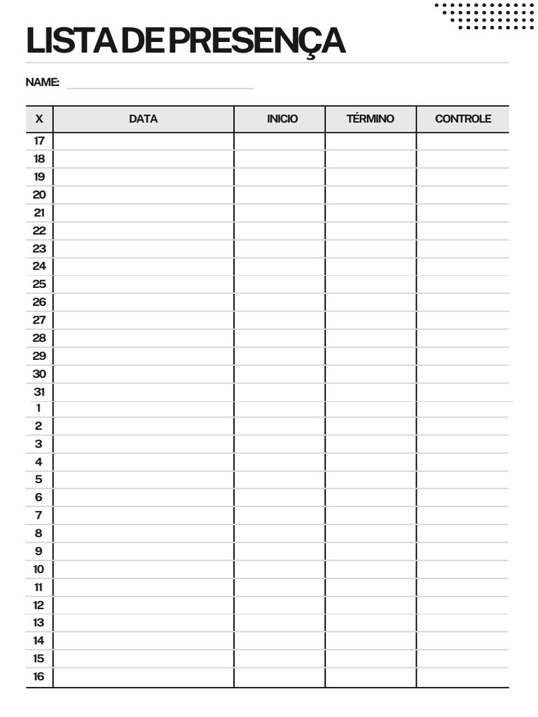 Black and White Minimal Lines Attendance Sheet Document | PDF