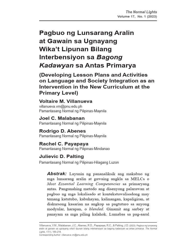Pagbuo NG Lunsarang Aralin at Gawain Sa Ugnayang Wika't Lipunan Bilang ...