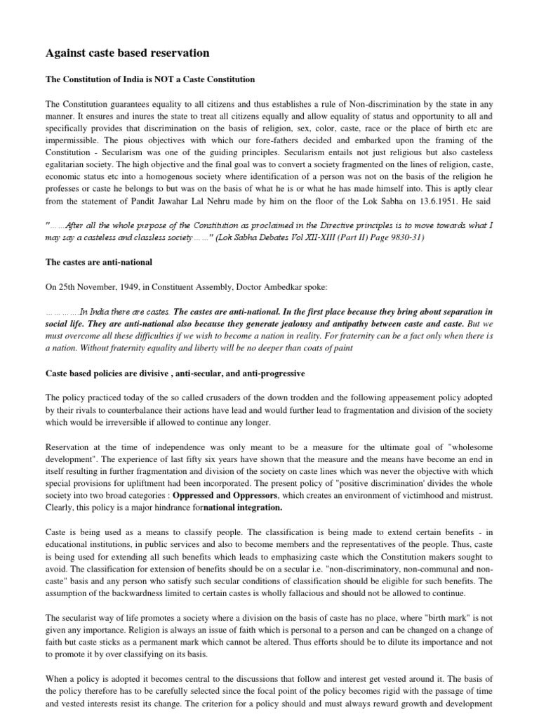 Against Caste Based Reservation | PDF | Caste | Egalitarianism