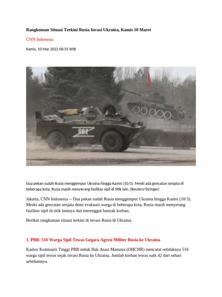 Rangkuman Situasi Terkini Rusia Invasi Ukraina, Kamis 10 Maret | PDF