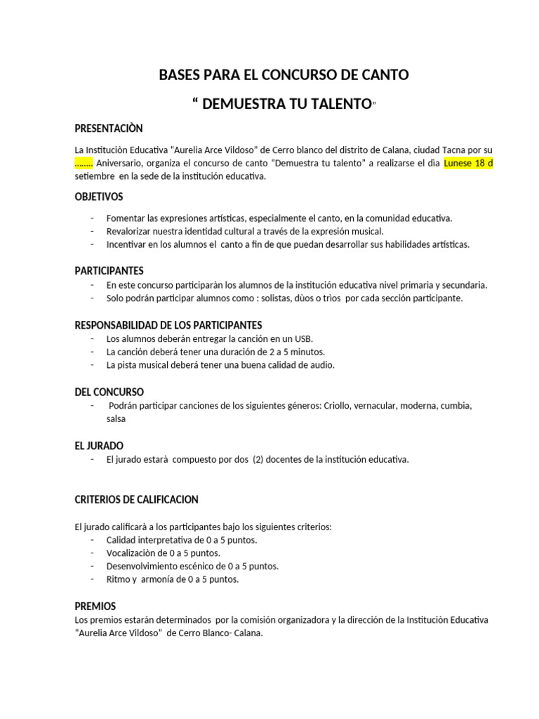 Bases para El Concurso de Canto | PDF